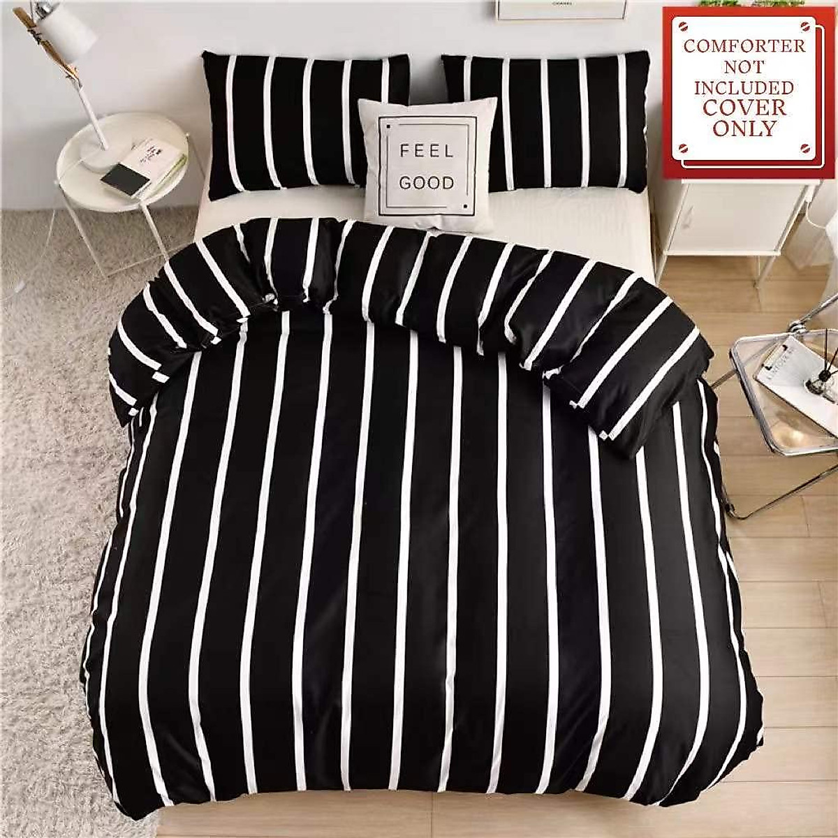 Lightweight Hotel Luxury Duvet Cover 3 Piece Set-Black with White Vertical Stripes Ultra Soft Premium Microfiber Breathable Comforter Cover with Zipper Closure, Corner Ties Full/Queen (90x90 inches) …