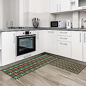Miaklek Christmas Snowflakes Kitchen Mats for Floor Anti Fatigue Mats for Kitchen Floor Kitchen Rugs Cushioned Mats Non Slip Comfort Standing Kitchen Rugs Set of 2, Red and Green Rhombus Lattice