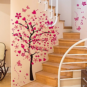 RW-1306 Creative Pink Flowers Tree Wall Decals Peach Blossom Love Heart Wall Stickers DIY Removable Cherry Floral Butterfly Dot Wall Decor for Girls Women Bedroom Living Room Nursery Office Decoration