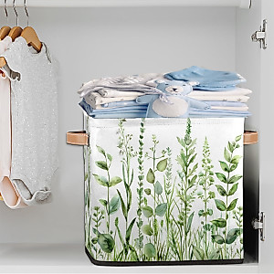 Tablerazzi Sage Green Leaves Cube Storage Bin, 13 Inch Collapsible Fabric Storage Cube Bin, Spring Eucalyptus Foldable Cube Baskets for Shelf, Closet, Organizer