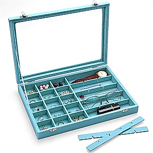Sky Piea 30 Grid Velvet Glass Jewelry Box Jewellery Organiser Earring Ring Storage Holder Case Box (Sky Blue)