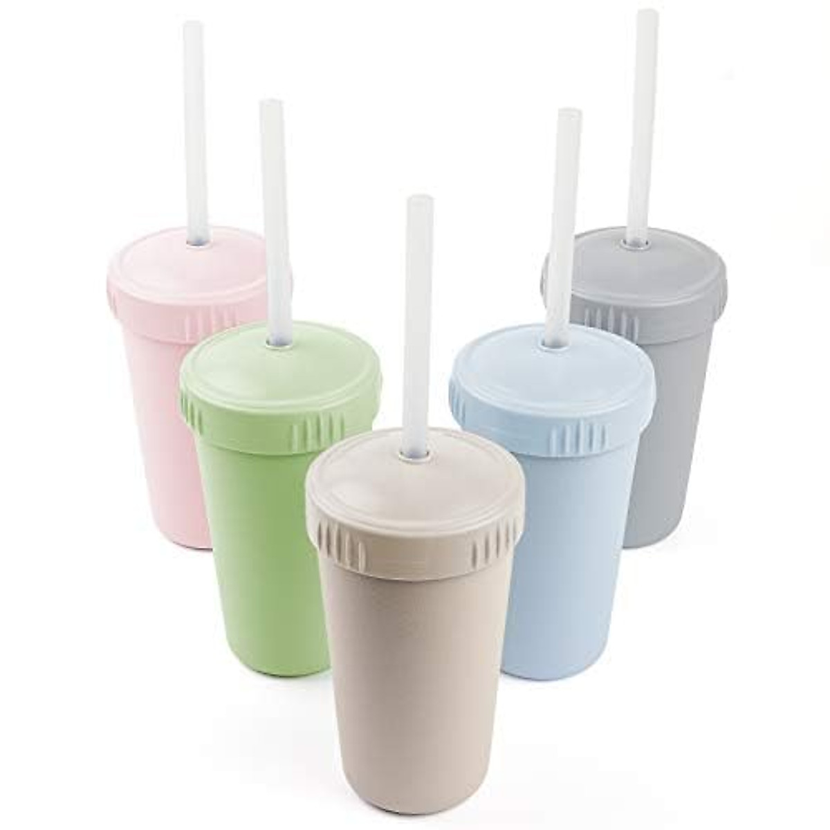 Re-Play Set of 5 Straw Cups with Silicone Straws - Made in USA from Recycled Plastic - Stackable and Easy to Clean - Dishwasher Safe - BPA Free - Cool Tones