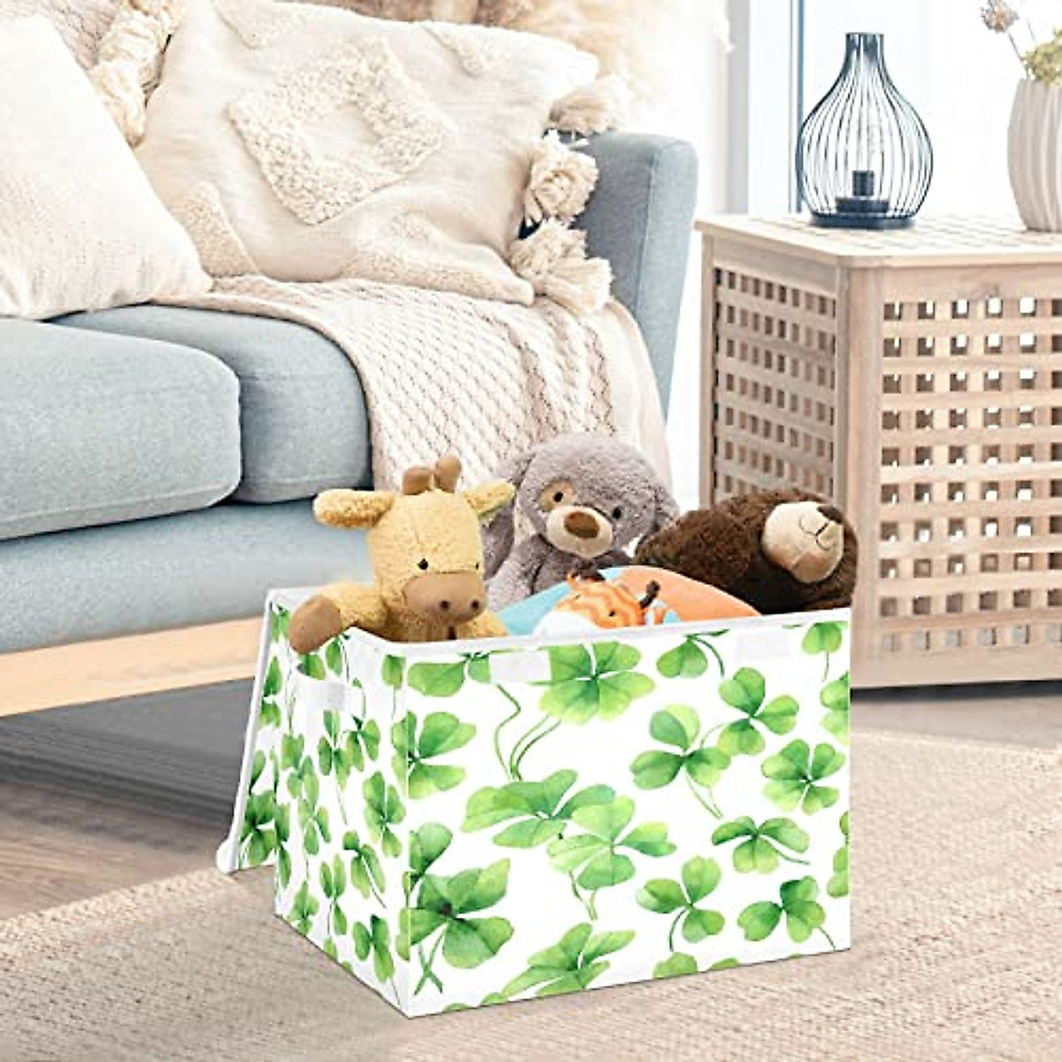 Kigai Storage Basket Clover Leaves Storage Boxes with Lids and Handle, Large Storage Cube Bin Collapsible for Shelves Closet Bedroom Living Room, 16.5x12.6x11.8 In