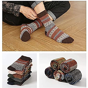 KLFG 5 Pairs Mens Thermal Nordic Socks Warm Socks, Retro Ethnic Style Woolen Socks, Hiking Trekking Crew Cute Socks (Style D)