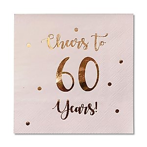 Cheers to 60 Years Cocktail Napkins | Happy 60th Birthday Decorations for Men and Women and Wedding Anniversary Party Decorations | 50-Pack 3-Ply Napkins | 5 x 5 inch folded (Pink)