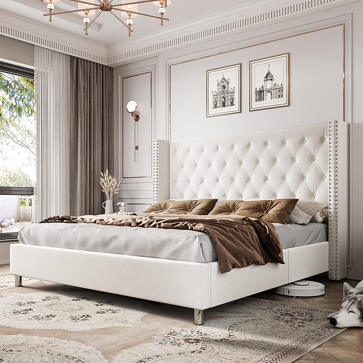 PaPaJet Bed Frame Queen Size Upholstered Bed Velvet Low Profile Platform Bed with Raised Wingback Headboard/No Box Spring Needed/Easy Assembly/Cream