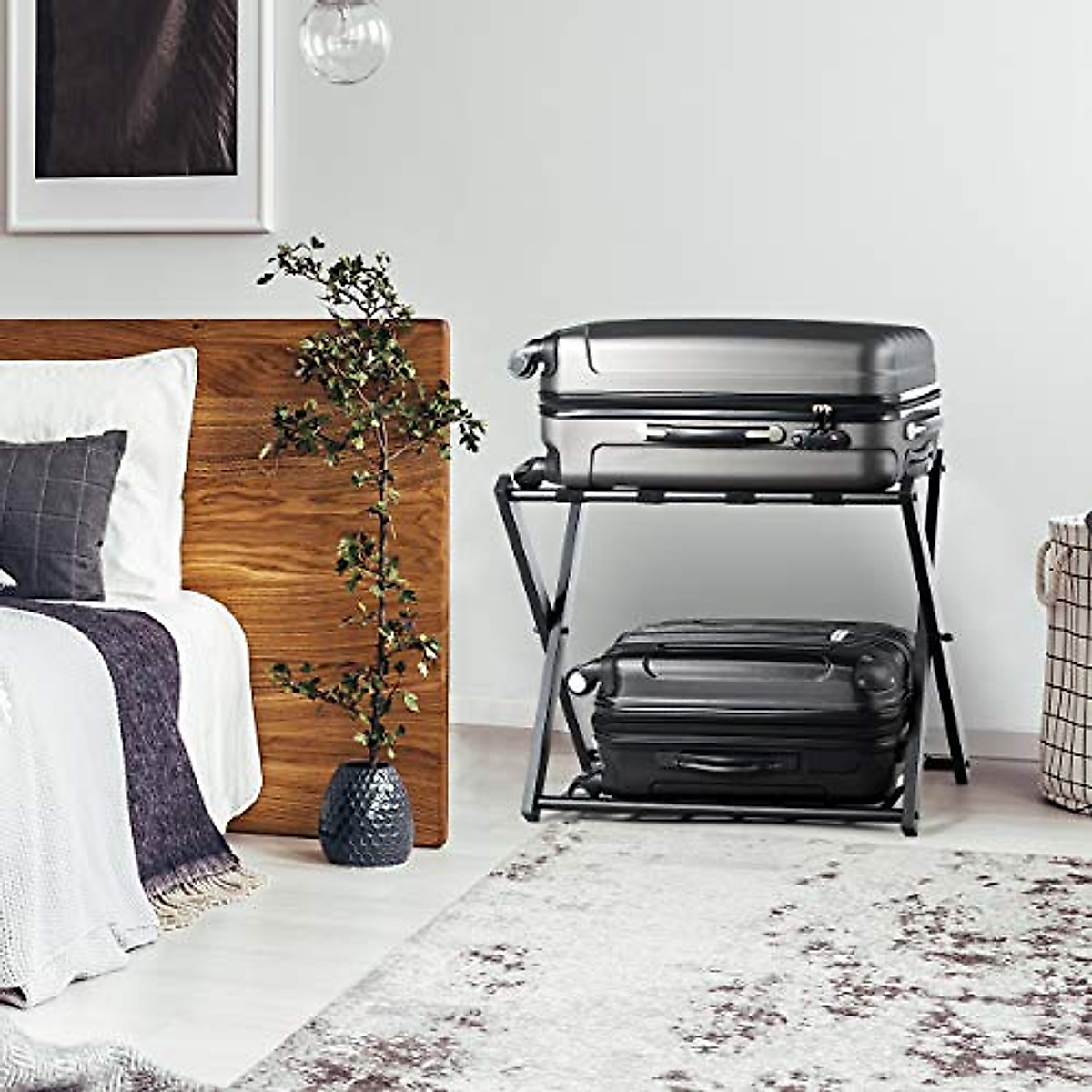 Safstar Folding Luggage Rack with Shoe Shelf, Metal Suitcase Stand, Portable Baggage Holder for Bedroom, Hotel, Guest Room, Black (Set of 2)