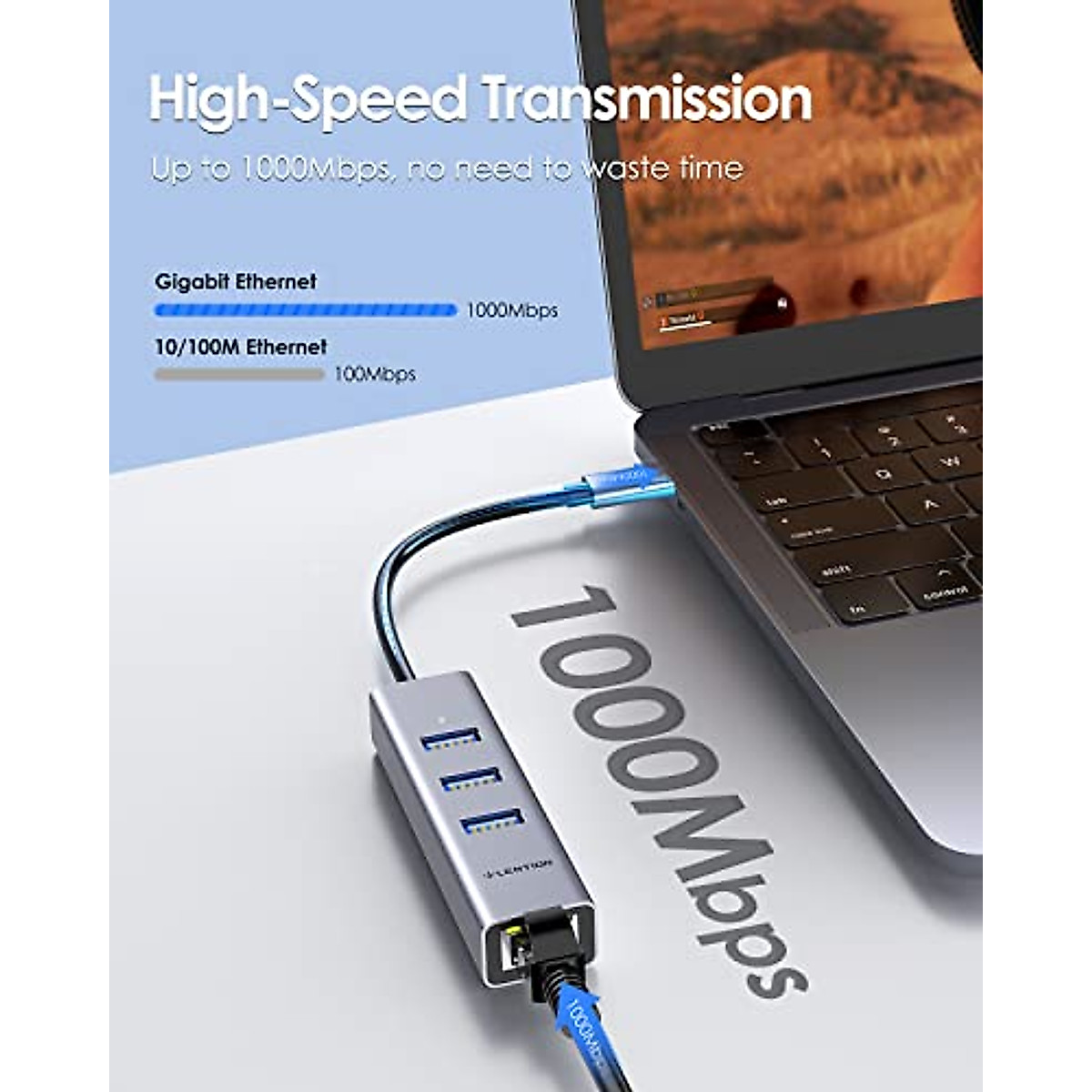 LENTION USB C Hub Ethernet Adapter, 3 USB 3.0 Ports, RJ45 Network Connector for 2023-2016 MacBook Pro, New Mac Air/iPad Pro, Chromebook, More, Stable Driver Certified (CB-C23s, Space Gray)