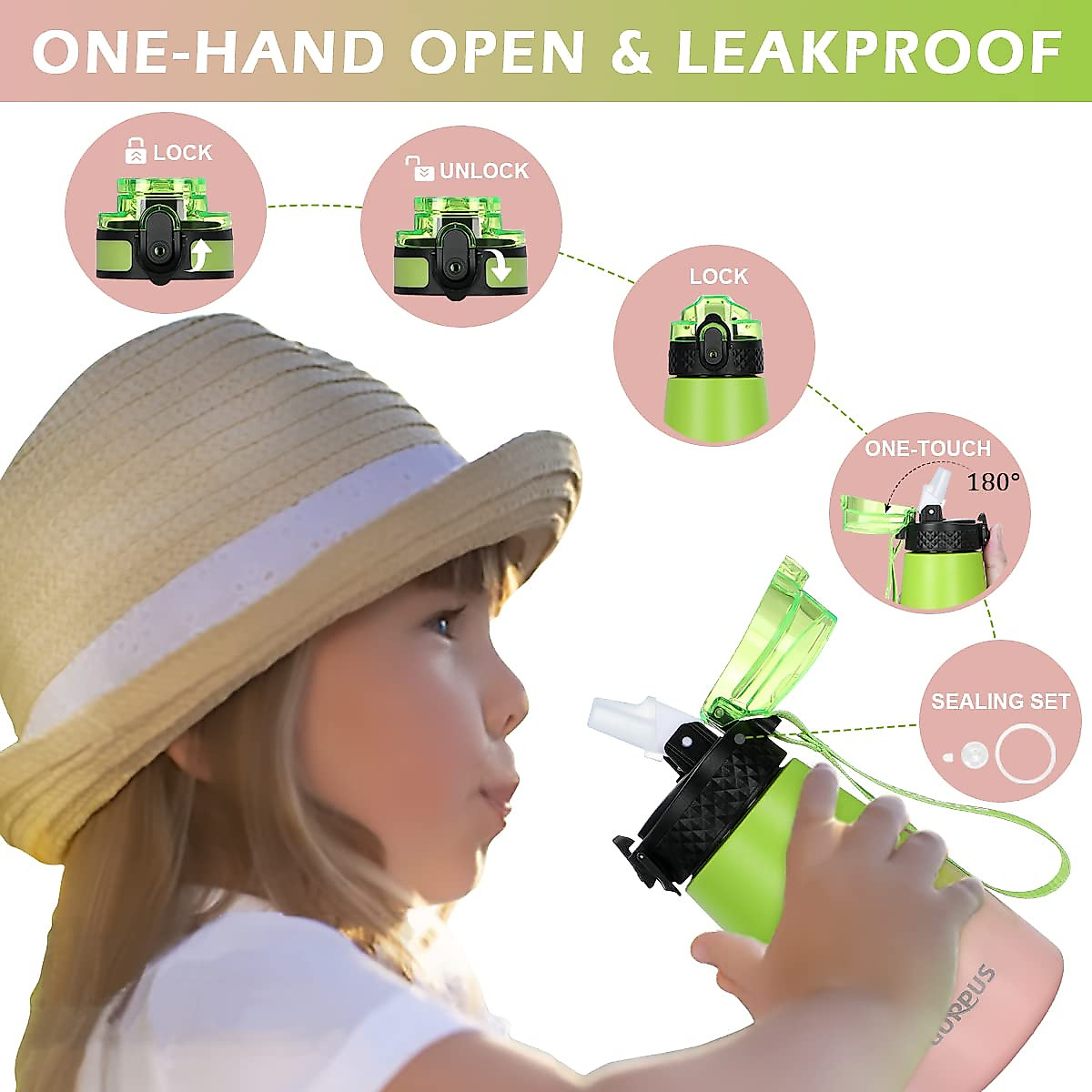 GOPPUS 12 oz Kids Water Bottle with Straw Lid & Spout Lid Vacuum Insulated Stainless Steel Cup Double Wall Kids Metal Water Bottles For School Boys Girls (Olive Pink 2 Lids)