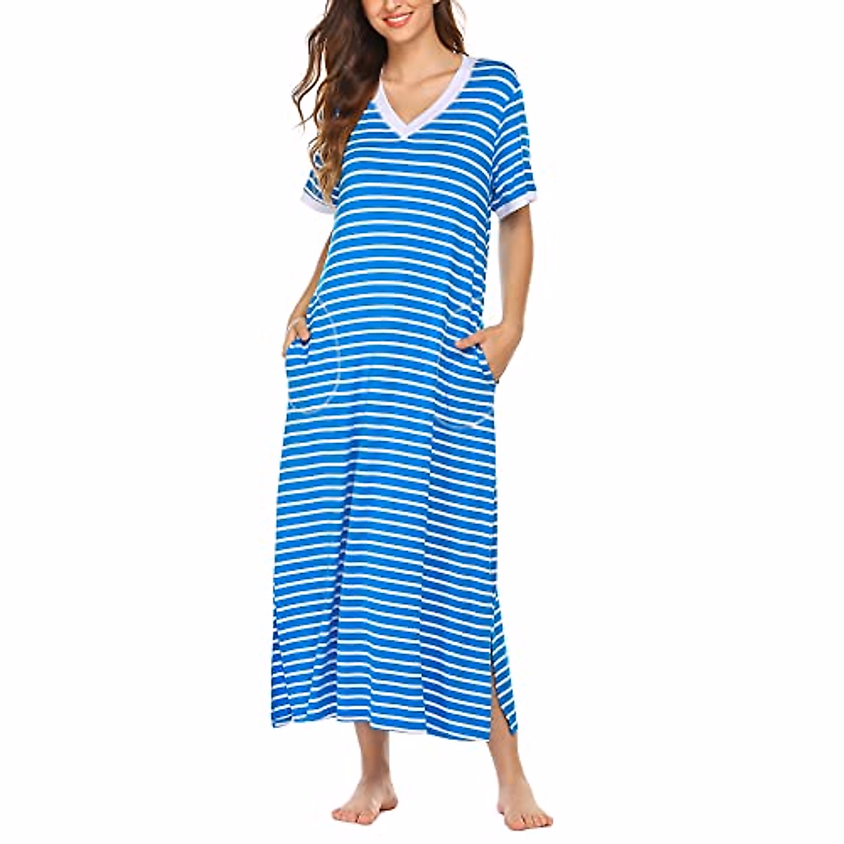 Ekouaer Womens, Full Length Long Nightgown Nightshirt with Pockets, Yarn Dyed Fabric2, Large