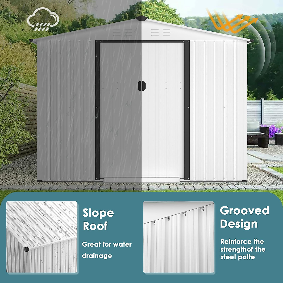 Crownland Outdoor 6 x 8 Feet Storage Shed Backyard Garden Vented Tool House with Sliding Door Outdoor Lawn Steel Roof Sheds (Cool White)