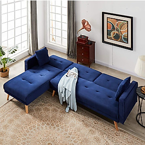 Eafurn L-Shaped Convertible Sectional Chaise Lounge and Adjustable Spilt Backrest,3 Seater Soft Velvet Sleeper Bed with Wooden Legs,Tufted Corner Sofa & Couch with Throw Pillows, Blue Left Hand Facing