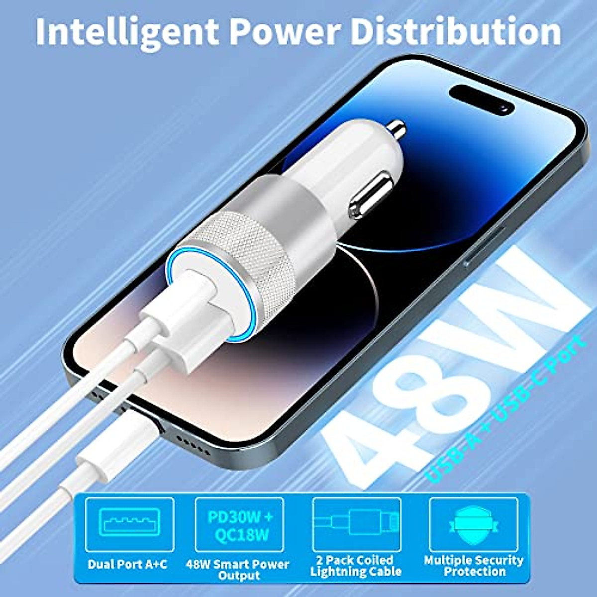 [Apple MFi Certified] iPhone Fast Car Charger, Caiinei 48W Dual PD/QC3.0 USB-C Power Car Charge Adapter + 2 Pack 6FT Coiled Lightning Cable Quick Car Charging for iPhone 14 13 12 11 Pro Max/XS/XR/iPad