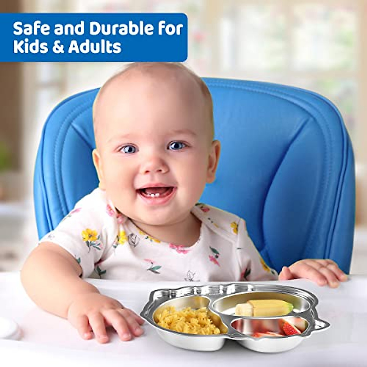 HOLIPOT 304 Stainless Steel Divided Plates, Food-Grade Toddlers Babies Kids Tray, 1300 Ml Toddler Plates with Suction, Self Feeding Training Kids Plates,Fits for Most High chairs Trays(Hippo)