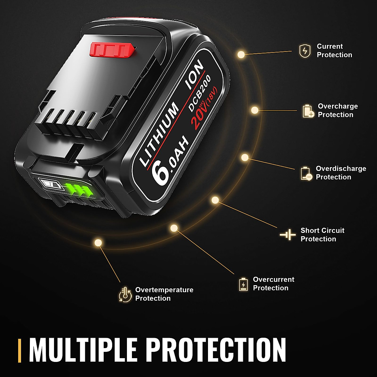 DASNITE 6.0Ah 20V Max Replacement for Dewalt 20V Max Battery Lithium Ion Compatible with Dewalt Batteries DCB200 DCB204 DCB206 DCB201 DCB203 DCD/DCF/DCG Series Cordless Power Tools(2-Pack)