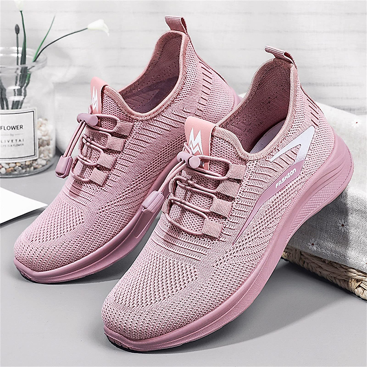 Womens Running Shoes Walking Fashion Strappy, Volleyball Shoe Canvas Mesh Knit Sneakers Low Top Simple Wedge Comfortable Casual Shoes Unisex Fashion Autumn D-Pink