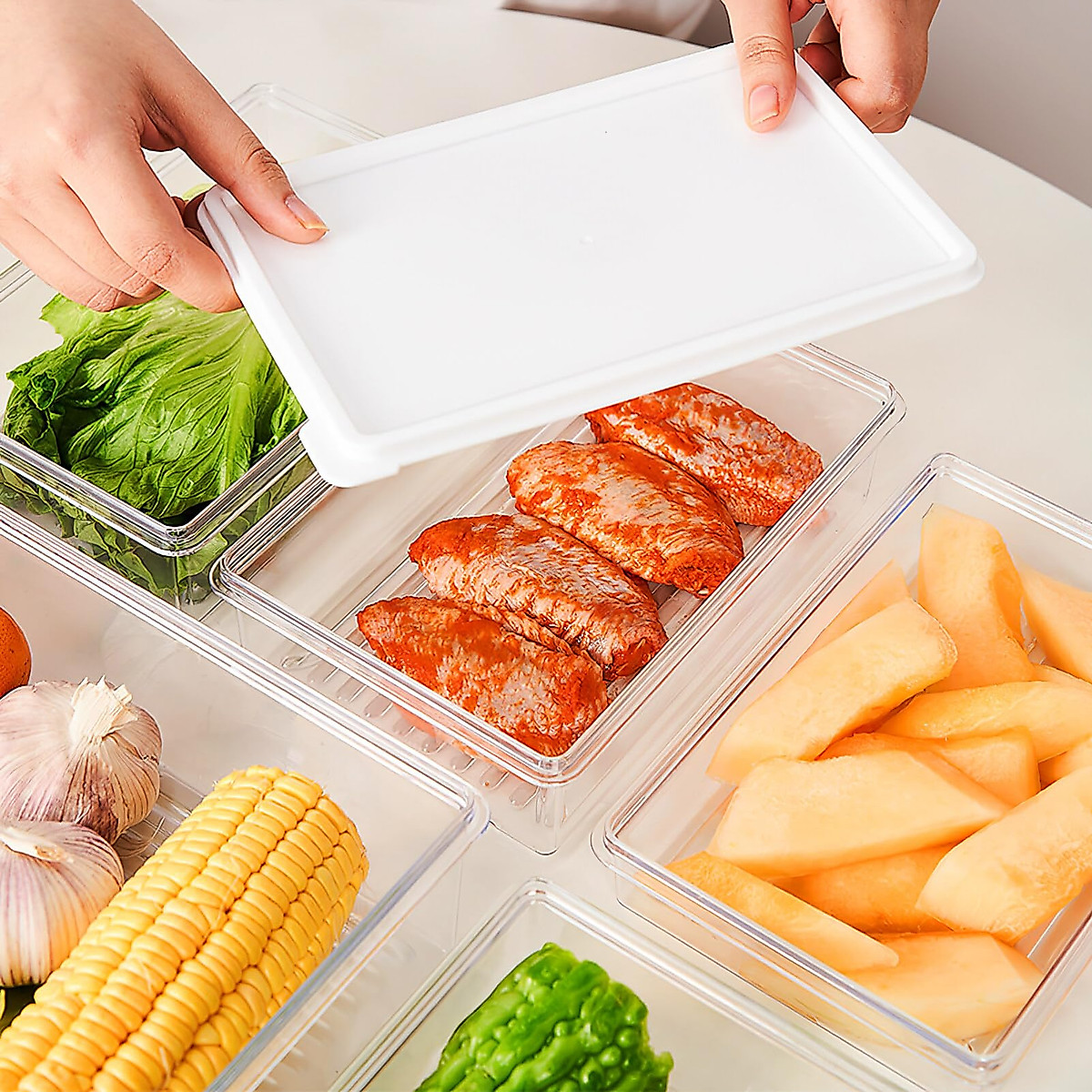 Luxshiny Bacon Storage Container for Fridge Bacon Holder 550ml Plastic Meat Saver Cold Cuts Cheese Keeper with Lid Freezer Storage Containers for Fruits Vegetables Meat Cookie 20x13.5x3.7CM