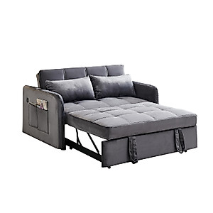 Convertible Sleeper Sofa Bed w/Pullout Bed 4-1 Multi-Functional Sofa Bed with Side Bags and USB Port Velvet Loveseat Futon Sofa Couch for Living Room or Apartments (Grey)