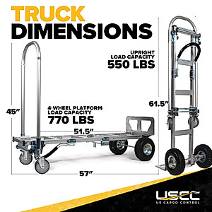 US Cargo Control Convertible Aluminum Hand Truck & Hand Cart - 2-in1 Folding Hand Truck, 770 LBS Capacity, Industrial Hand Dolly, Loop Handle and 10-Inch Pneumatic Wheels, Heavy Duty Dolly for Moving