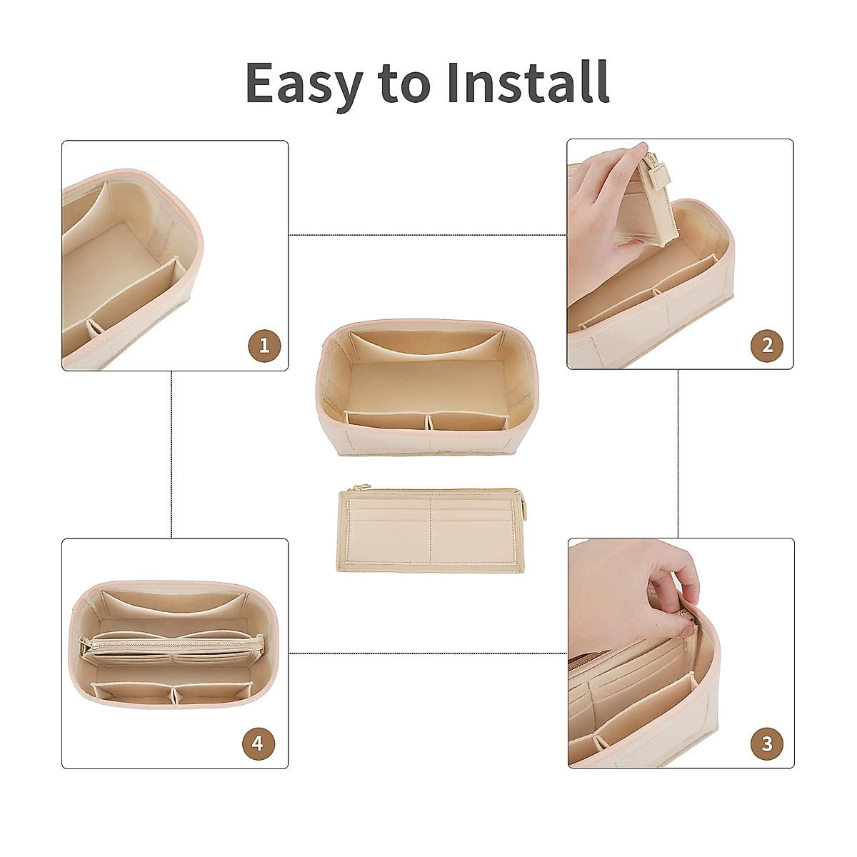 LOUKAYCCI Purse Organizer & Base Shaper Fit Speedy 25 & Neverfull PM, Goyards, MK,Longchamps More,Felt Bag Organizer Insert for Handbags with Metal Zipper [Bag in Bag] (Medium, Beige)