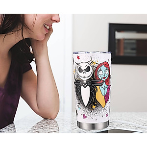 LAZYKITTY Nightmare Before Christmas Tumbler Cup with Straws and Lid, Jack and Sally Nightmare Before Christmas Gift for Women Friend Wife Daughter, Double-wall Stainless Steel Vacuum Insulated, 20 Oz