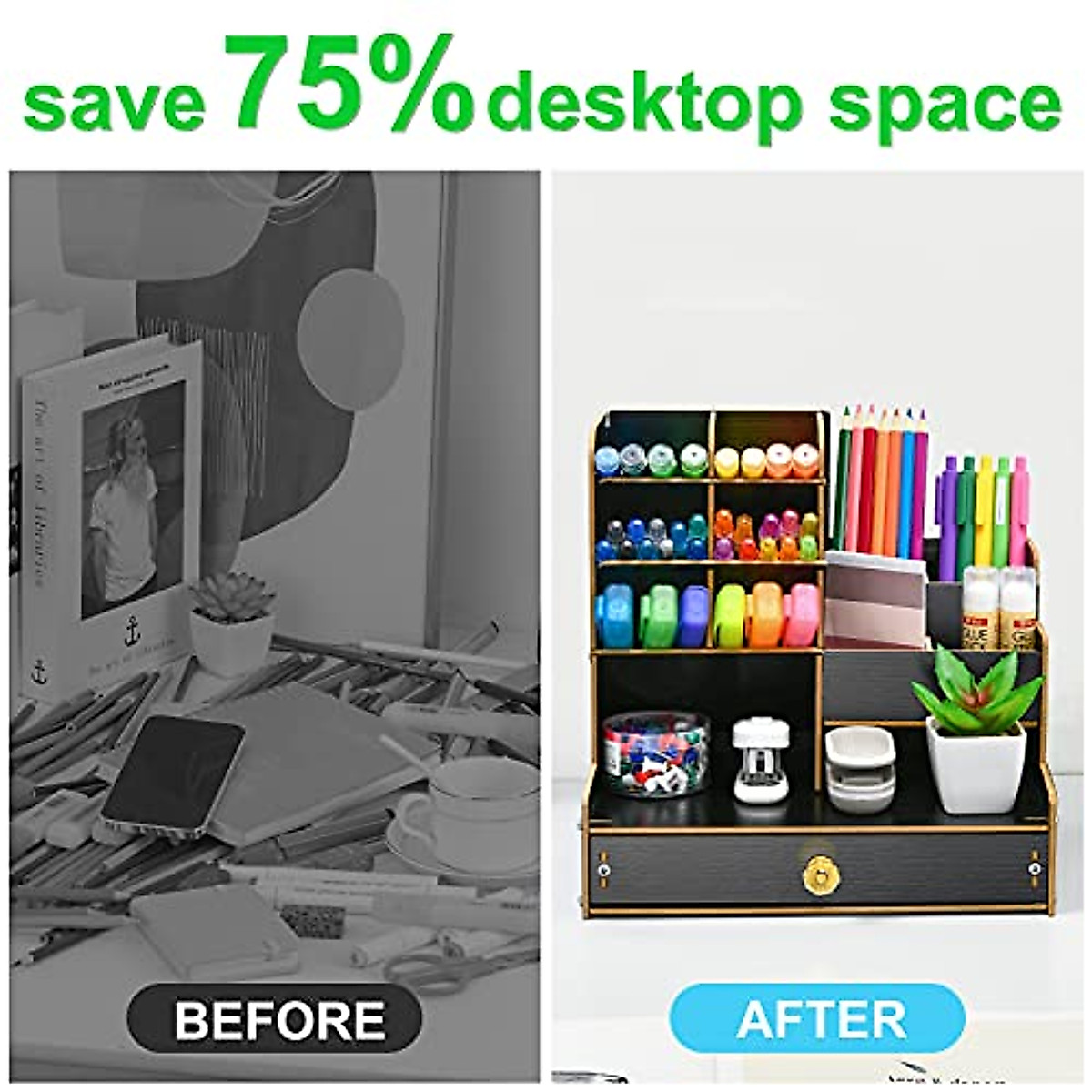 Marbrasse Upgraded Wooden Pencil Holder, Pen Organizer for Desk , Easy Assembly, Art Supply Organizer, Desktop Stationary Organizer Caddy (B17-Black)