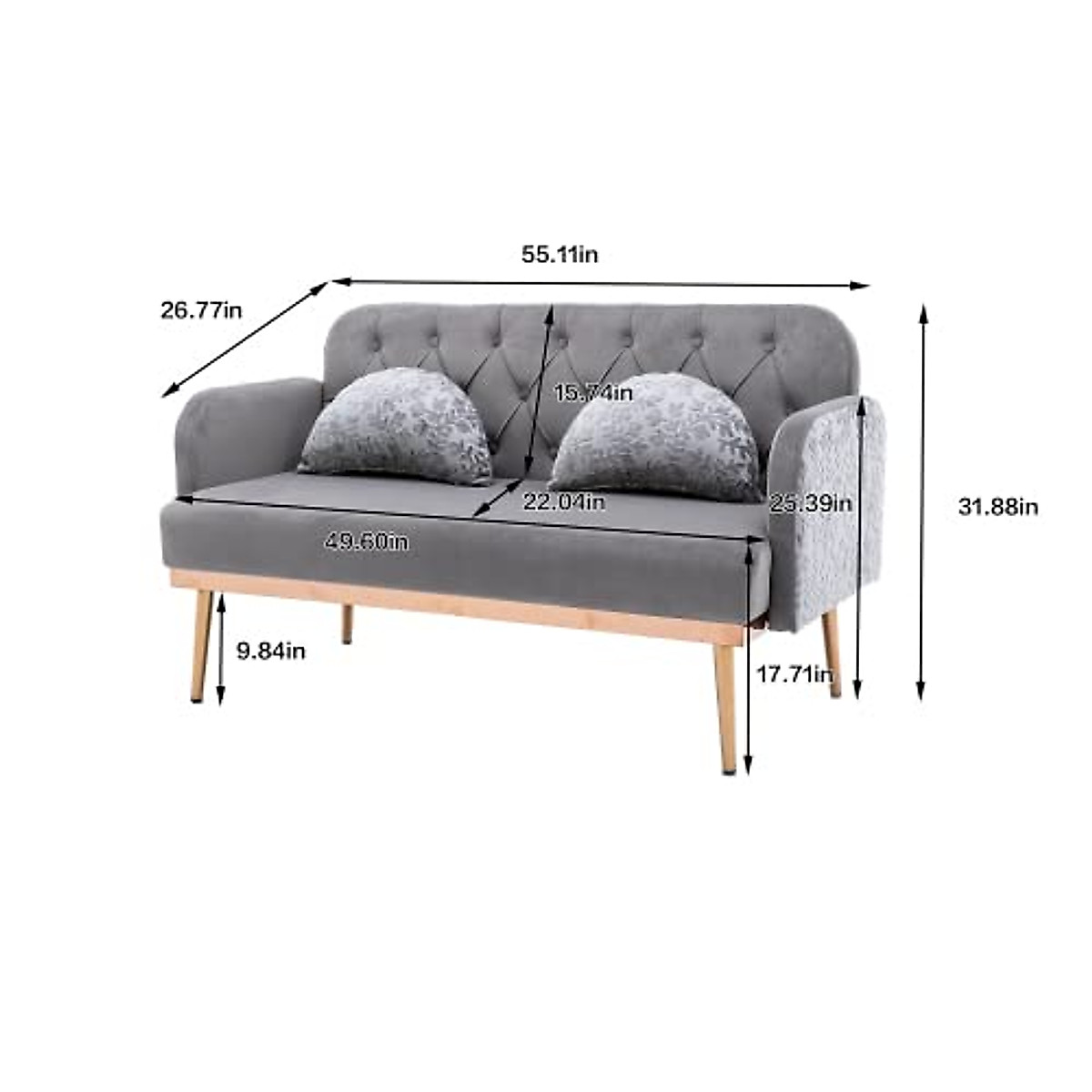 55-inch Small Velvet Sofa with Two Elegant Moon Shape Pillows, Modern Twin Size Accent Sofa Couch with Golden Metal Legs & Tufted Backrest & Delicate Armrests, Loveseat Sofa for Living Room, Grey