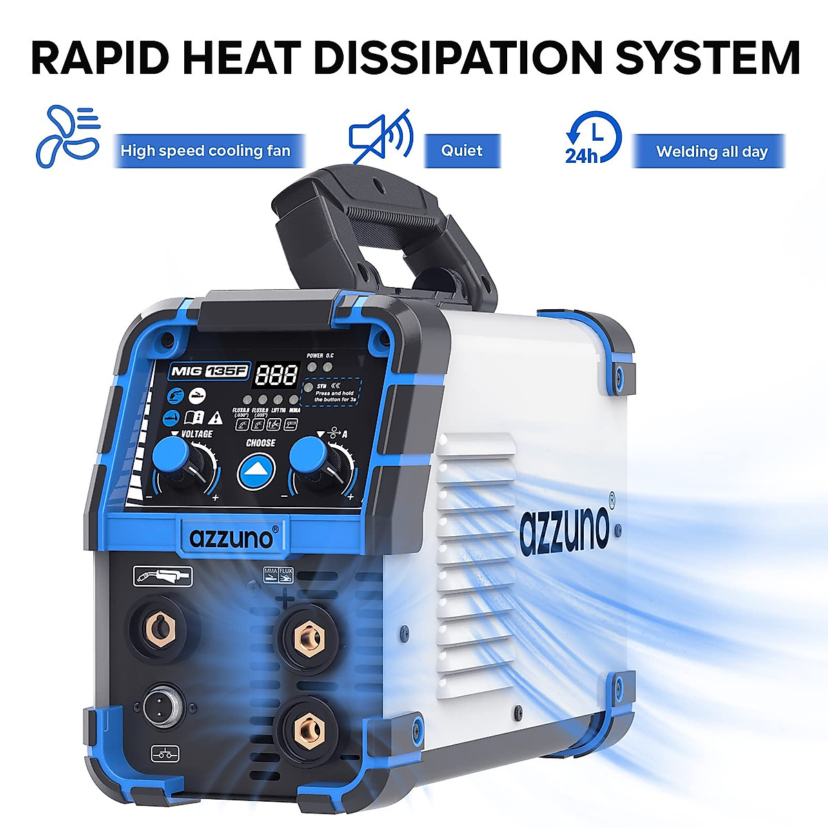 AZZUNO 135 Amp MIG Welder, 3 in 1 Multiprocess Welder 110V Flux Core Welder Flux MIG/Lift TIG/Stick Welding Machine Synergic Control IGBT Inverter Welder (volts, 110)