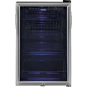 Haier 150-Can Mini Fridge With Lock & Key, Glass Door, Automatic LED Interior Light, 4 Full-Width Glass Shelves & Adjustable Thermostat, Stainless Steel