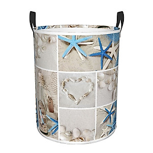 Nautical Sea World Starfish Shell Laundry Hamper With Handle Foldable Durable Laundry Basket Storage Bin Dirty Clothes Organizer Bag For Bedroom Bathroom Nursery