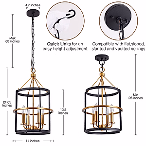 Modern Chandelier,4-Light Lantern Pendant Light,Matte Black and Brass Finish, Light Fixtures Ceiling Hanging,Chandelier Light Fixture for DiningRoom,Kitchen,Foyer,Entryway