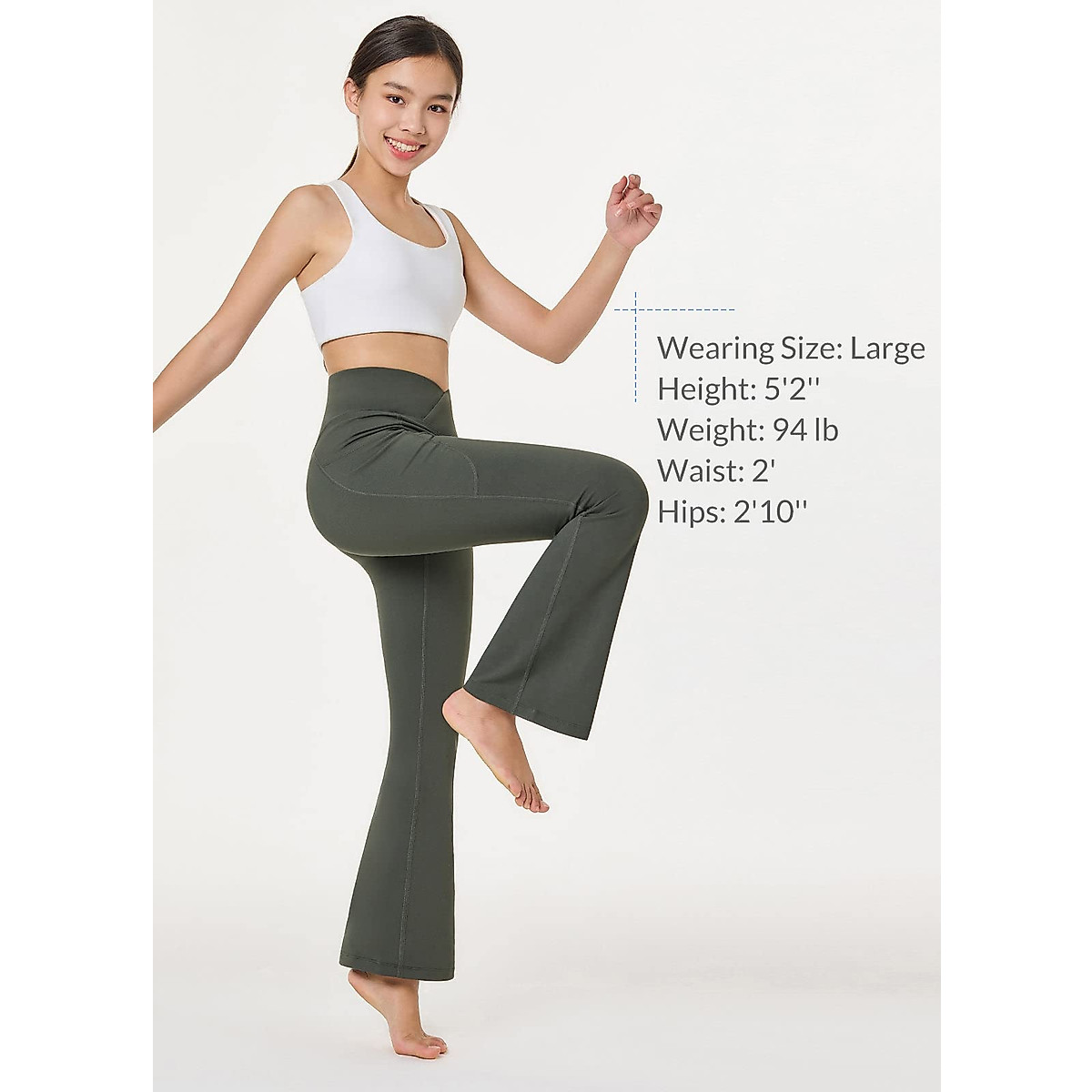 BALEAF Girls' Flare Leggings Bell Bottom Pants Yoga Dance Kids Cute Cross High Waist Bootcut Pants with Pockets Green S