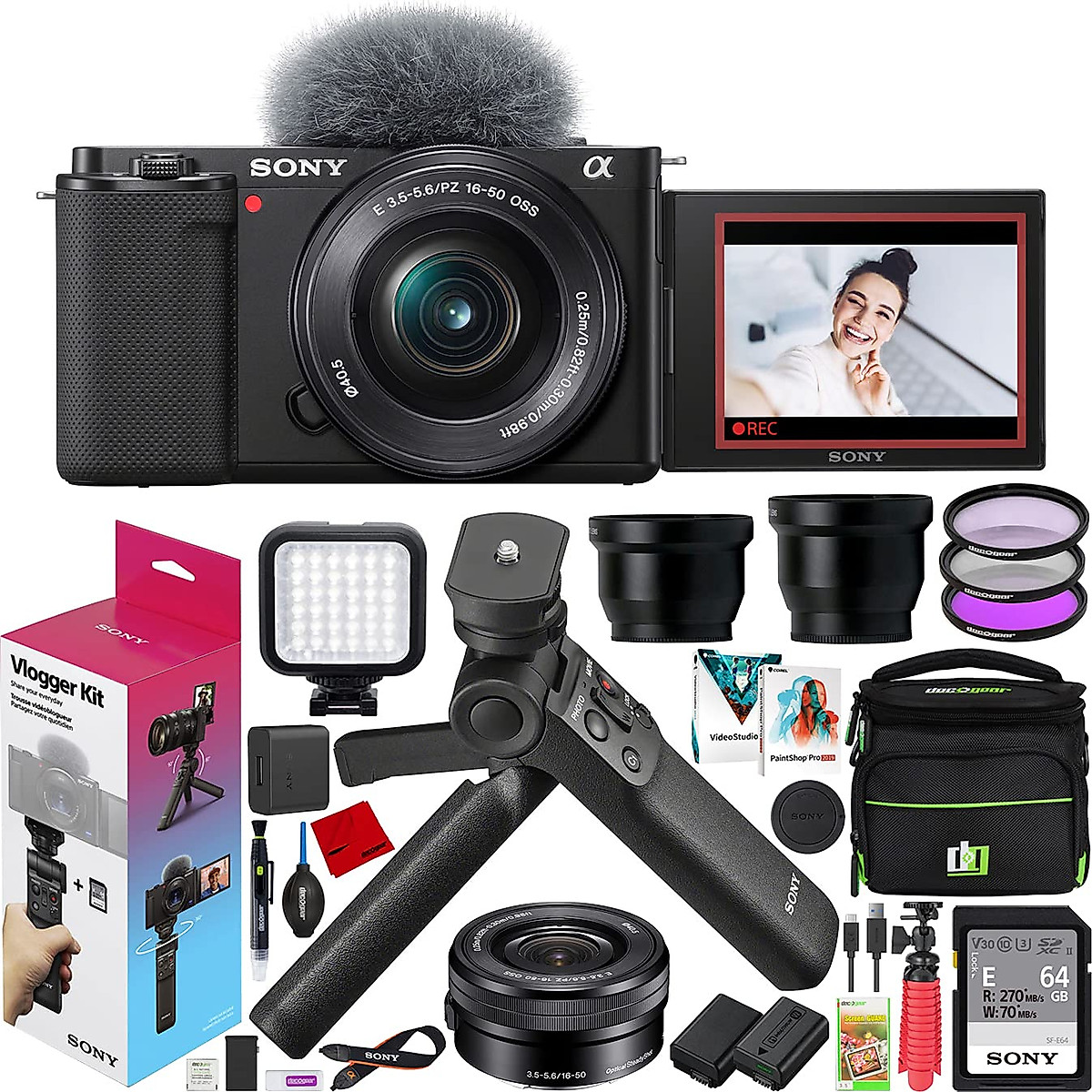 Sony ZV-E10 Mirrorless Camera Vlogger Kit with 16-50mm F3.5-5.6 Lens ILCZV-E10L/B Black Bundle with ACCVC1 Including GP-VPT2BT Grip + Filters + Wide & Telephoto Lenses + Deco Gear Case & Accessories