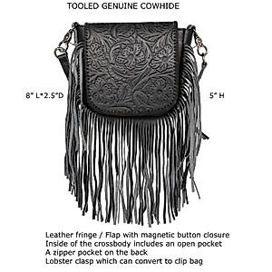 Montana West Handcrafted Leather Convertible Clutch Crossbody Handbag Biker Bag w Fringe (Black Studded w Buckle)