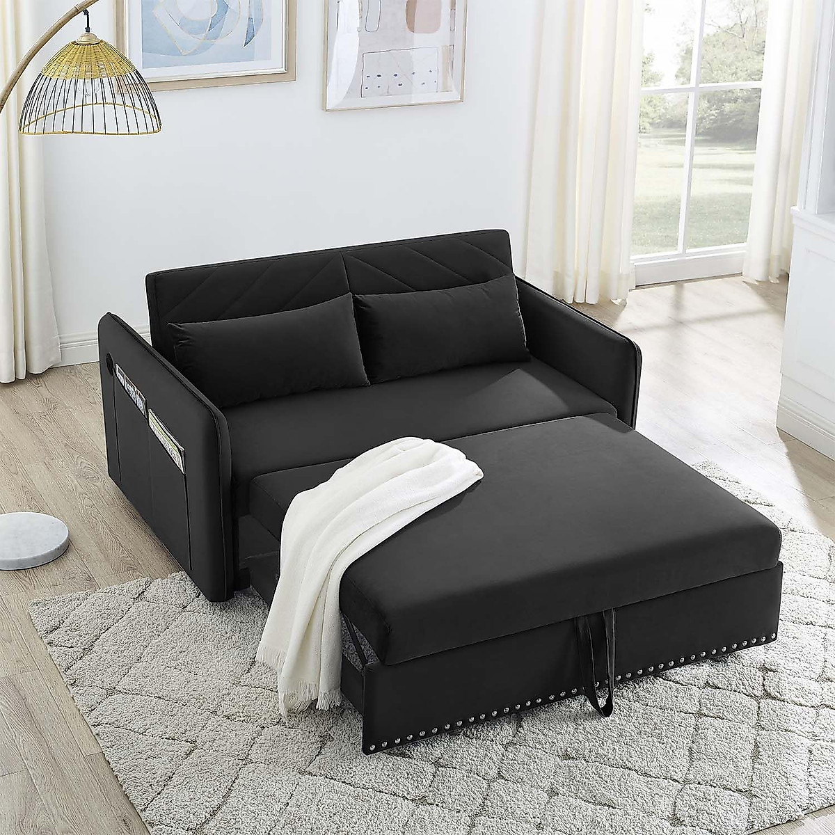 Antetek Sleeper Sofa Bed w/USB Port, Modern 3-in-1 Convertible Upholstered Velvet Loveseat Sofa w/Pull Out Bed, Small Futon Couch with Adjustable Backrest for Living Room Small Space Apartment, Black