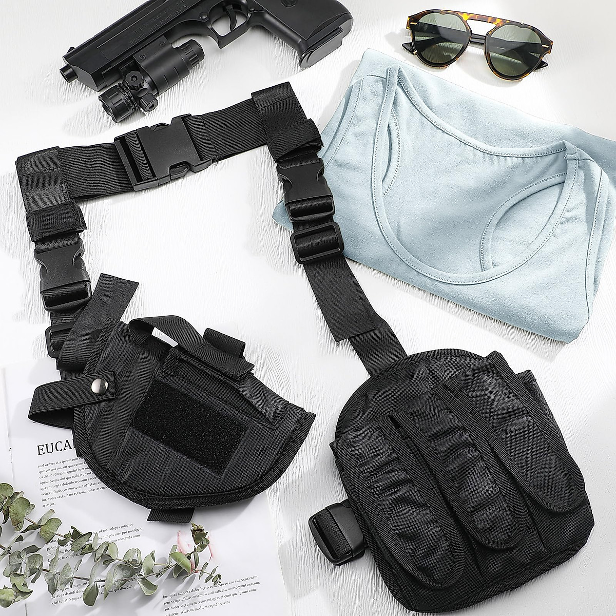 2 Pcs Halloween Thigh Holsters Costume for Women Leg Gun Holster Drop Adjustable Universal Pistol Leg Thigh Holster Pouch Holder with Magazine Pouches and Basic Racerback Crop Tank Tops (Blue)