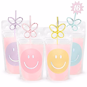 xo, Fetti Smiley Drink Pouches + Butterfly Straws - 16 count | Bday Cups, Happy Pastel Birthday Party Decorations, Cute Bachelorette Party, Cool Drinkware