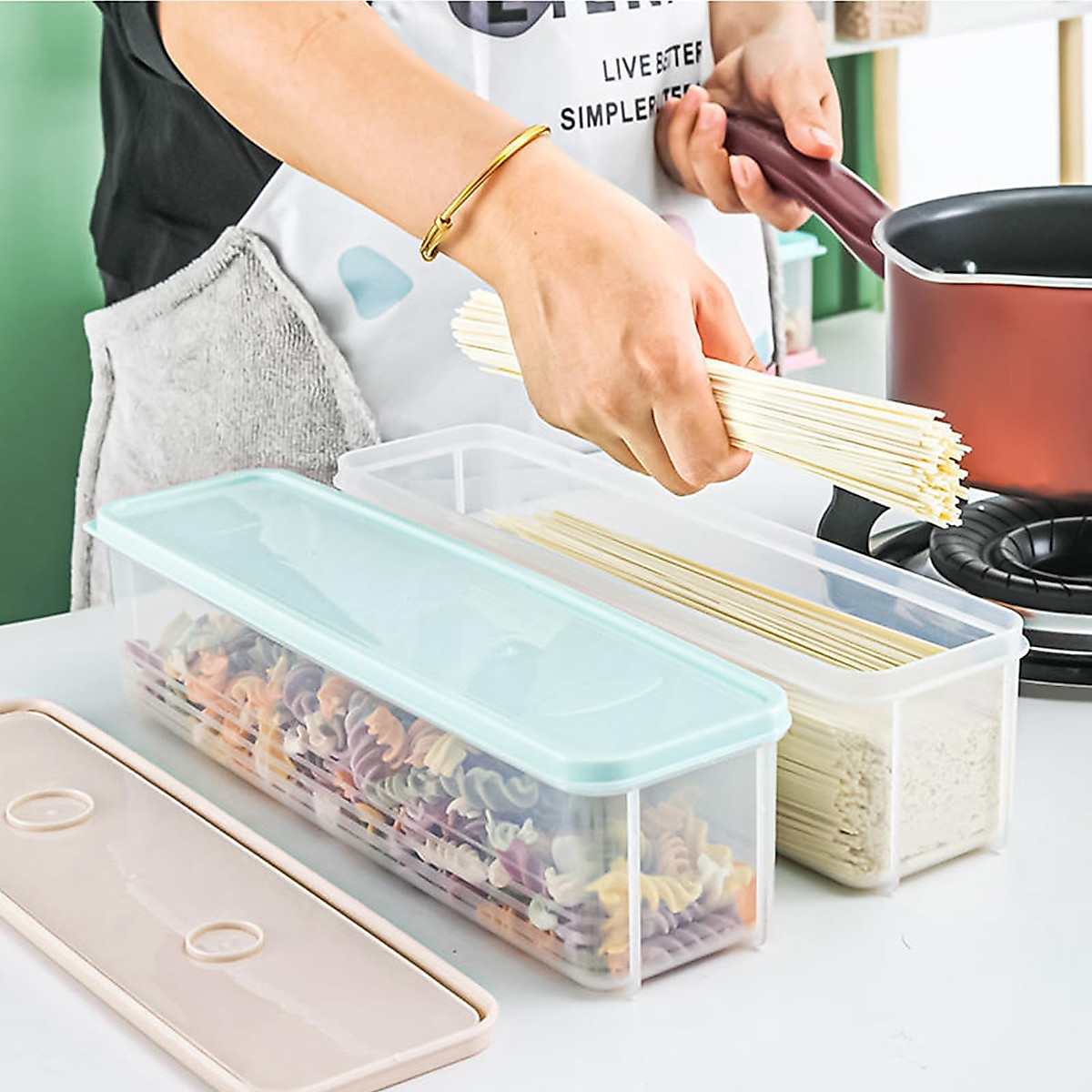 LDXDRU Pasta Storage Containers with Lids Set of 8, Spaghetti Container Storage, Plastic Pasta Storage, Stackable Spaghetti Noodle Container for House, Kitchen, Pantry & Refrigerator, 12 x 3 x 3 In