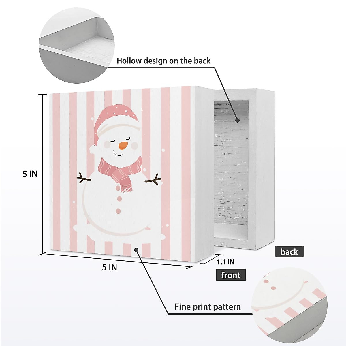 EIONEY Christmas Desk Decor Wooden Box Sign, Snowman Pink Vertical Grain Table Wooden Box Sign Decor, Christmas Wooden Desk Decor for Home Bedroom Kitchen Shelf Tabletop Decor, 5 x 5 Inches