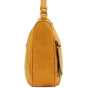 FashionPuzzle Faux Leather Two Front Zipper Pocket Crossbody Saddle Bag (Mustard) One Size