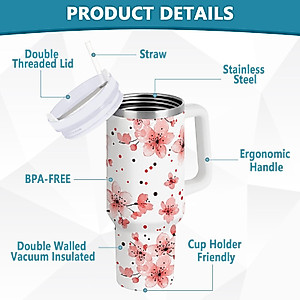 ALAZA Cherry Flowers Dots 40 oz Tumbler Water Bottle with Straw Lid and Handle,Reusable Insulated Stainless Steel Cup for Women Men Travel Car Cup Holder