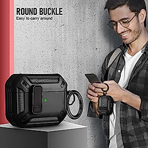 Youskin Airpod Pro Case Secure Lock Clip Case,Carbon Fiber Military Armor Series Full-Body Rugged Hard Shell Airpod Pro Case for Men Women with Keychain,Black