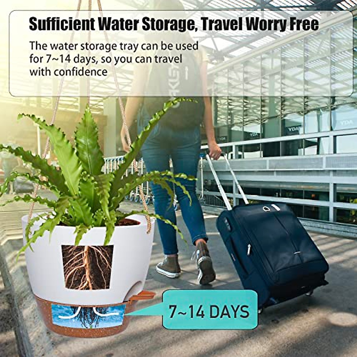 SwinDuck 10 Inch Self Watering Hanging Pots, 2 Pack Hanging Planters with 40oZ Deep Reservior for Indoor Outdoor Plants Flowers, White with Brown