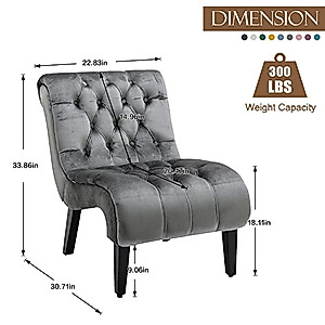 Velvet Accent Lounge Chair for Living Room, Modern Leisure Chair with Tufted Backrest, Indoor Armless Side Chair, Upholstered Bedroom Sleeper Chair with Solid Wood Legs, Grey