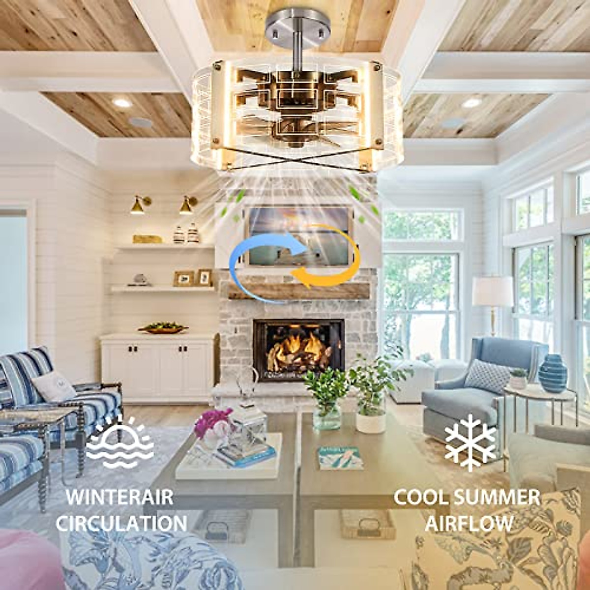 Ceiling Fans with Lights Remote Control, Modern Enclosed Ceiling Fan, Flush Mount Caged Low Profile Ceiling Fan Light Kit with Dimmable LED Light & 6 Speeds Reversible Blades Timing for Living Room