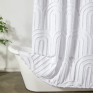 Estmy Boho White Tufted Shower Curtain Sets with Hooks, Simple Modern Chic Cute Rainbow Shape Chenille Stripe Cotton Fabric Shower Curtain Bathroom Decor, Heavy Duty/Water Repellent/Washable