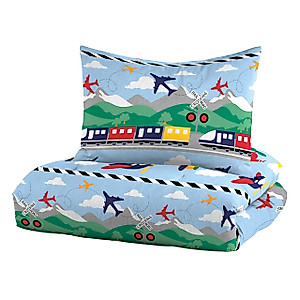 Dream Factory Kids 2-Piece Easy-Wash Super Soft Cotton Comforter and Pillow Sham Set, Twin, Blue Trains and Planes
