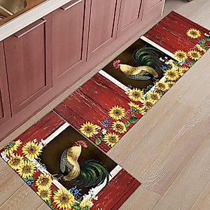 Kitchen Rugs Sets 2 Piece Floor Mats Sunflower Farmhouse Rooster Red Wood Grain Durable Doormat Non-Slip Rubber Backing Area Rugs Washable Carpet Inside Door Mat Pad Sets-19.7" x 31.5"+19.7" x 47.2"