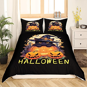 Happy Halloween Kids Duvet Cover Set King Size,Moon Pumpkin Lantern Witch Hat Bedding Set,Boys Girls Room Decor,Cartoon Cat Bat Animal Rustic Comforter Cover,Black Trippy Quilt Cover,2 Pillowcases