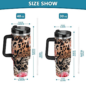 Yasala Car Tumbler with Handle Vintage Leopard Floral Art Travel Mug Coffee Cup Insulated Beverage Container Mega Cup for Hot Cold Drinking Thermos Water Bottle Cupholder Friendly 40 oz